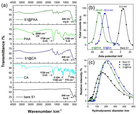 A Atr Ftir Spectra Of Bare S1 Ca And Paa Coated S1 B Zeta