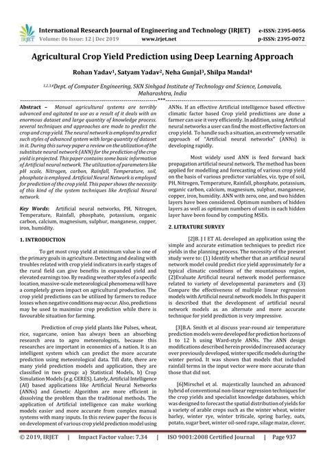 Irjet Agricultural Crop Yield Prediction Using Deep Learning Approach Pdf