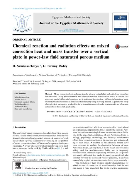 Pdf Chemical Reaction And Radiation Effects On Mixed Convection Heat And Mass Transfer Over A