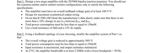 solved part 1 design a two stage amplifier with the 2 n3904