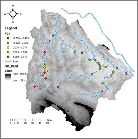 Spatial Distribution Of River Water Scores On The First Principal Download Scientific Diagram