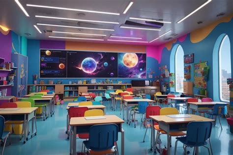 Premium Ai Image A Classroom Of The Future With A Vibrant Colorful Atmosphere And A Variety Of