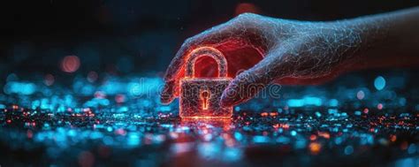 Futuristic Visualization Of Cybersecurity Represented By A Digital Hand Securing A Lock Stock