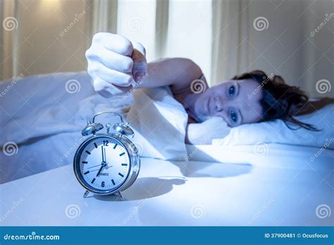 Close Up Alarm Clock With Red Haired Woman Turning It Off Stock Image Image Of Morning Female