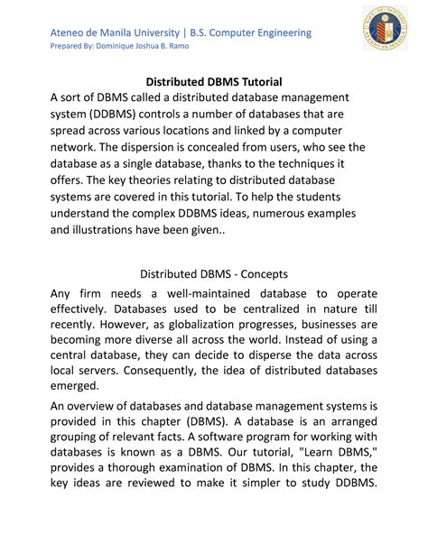 Study Guide Distributed DBMS Tutorial Prepared By Dominique Joshua