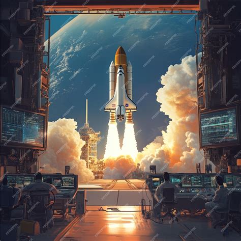 A Visual Of A Space Shuttle Launching With Engineers Monitoring The