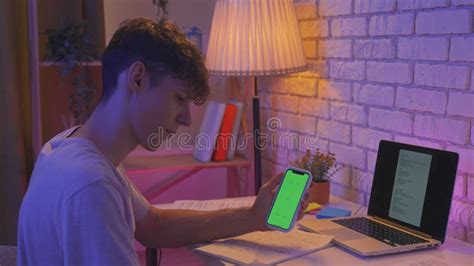 Focused Adult Man College Babe Sitting At Desk In Apartment Room Late At Night And Doing