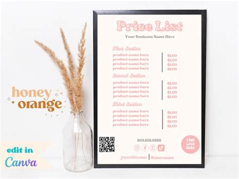 Pink Price List Template Editable Price List Template QR Etsy