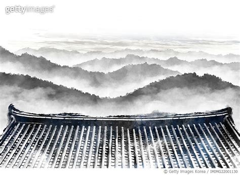Imimg22001130 게티이미지코리아 한국전통 배경 한옥을 소재로 수묵화 기법으로 그린 손그림 일러스트 Royalty Free 이미지