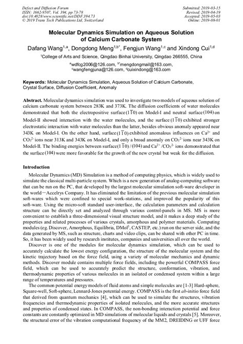 Molecular Dynamics Simulation On Aqueous Solution Of Calcium Carbonate System Scientific Net