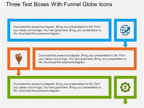 three text boxes with funnel globe icons powerpoint template