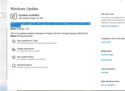 an update is stuck ver 1903 cumulative update for framework 3 5