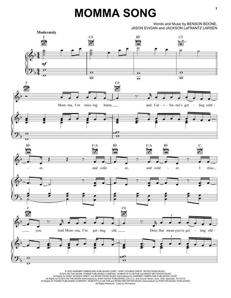 Momma Song By Benson Boone Sheet Music For Piano Vocal And Guitar Chords