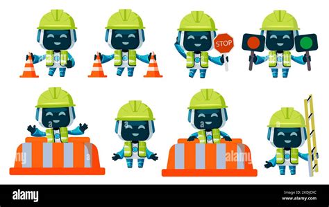 Police Robots Character Vector Set Design Robot Traffic Enforcer With Helmet And Boxes In