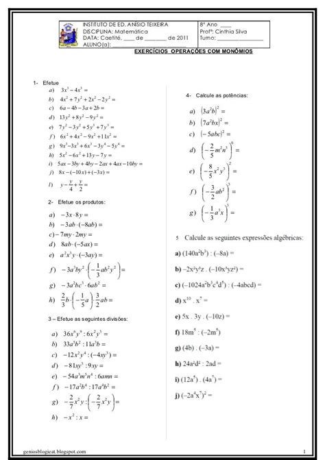 Exercicios Monomios Pdf