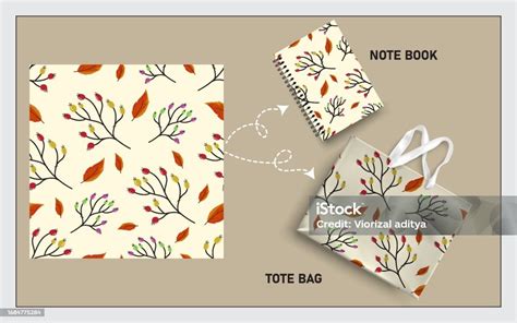 모형 토트백과 베리 나뭇잎 꽃 이음매 없는 패턴이 있는 노트 0명에 대한 스톡 벡터 아트 및 기타 이미지 0명 개인 장식품