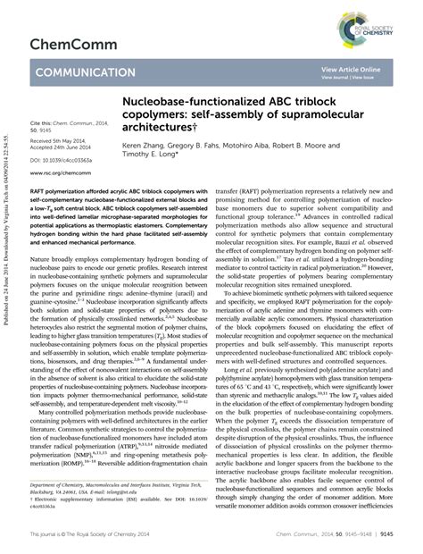 Pdf Nucleobase Functionalized Abc Triblock Copolymers Self Assembly