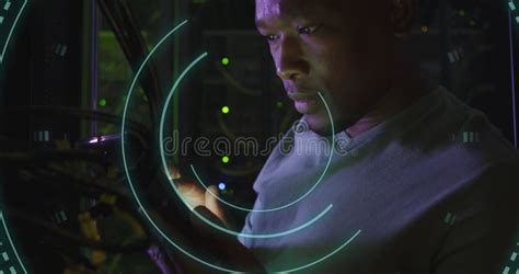 image of scope scanning over african american male hacker in server