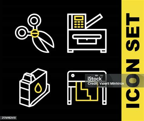 라인 복사기 플로터 프린터 잉크 카트리지 및 가위 아이콘을 설정합니다 벡터 Cmyk에 대한 스톡 벡터 아트 및 기타 이미지