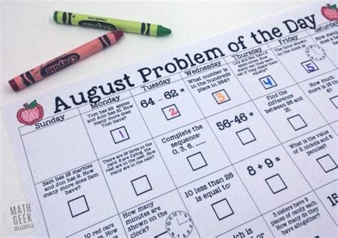 August Math Problem Of The Day Calendar FREE