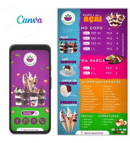 Menu Açaí Com Cartão Virtual Editável Qr Code E Logo Mercadolivre