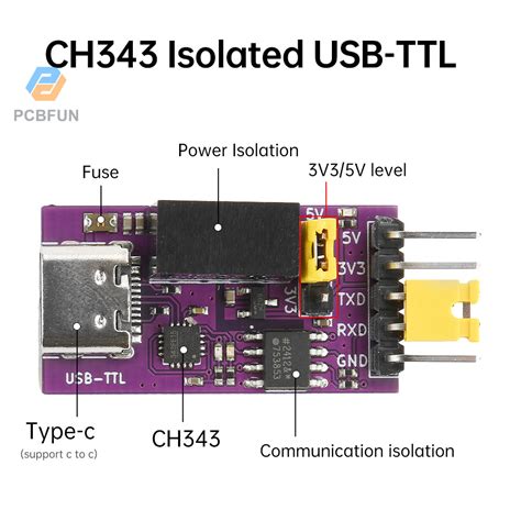 pcbfun ch343 isolated usb to ttl dc 3 3v 5v serial port isolated