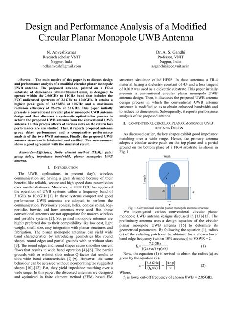 Pdf Design And Performance Analysis Of A Modified Circular Planar Monopole Uwb Antenna