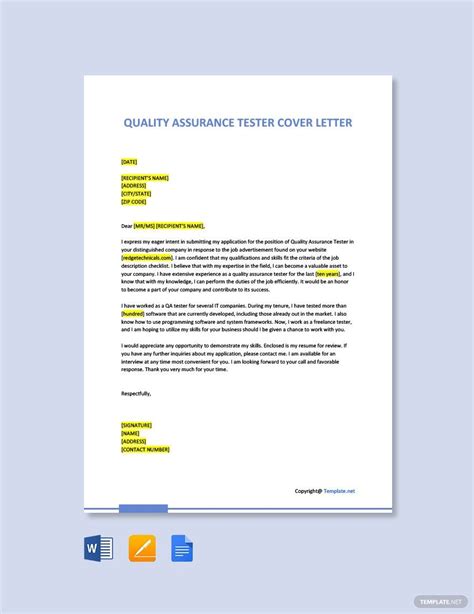 Quality Assurance Tester Cover Letter In Word Google Docs Pages PDF Download Template Net