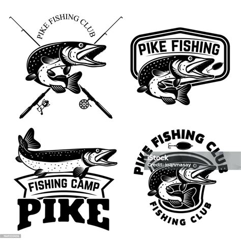 흑백 스타일의 파이크 낚시 엠블럼 세트 파이크 물고기 라벨 기호 포스터 배지 남자 어부에 대한 스톡 벡터 아트 및 기타 이미지