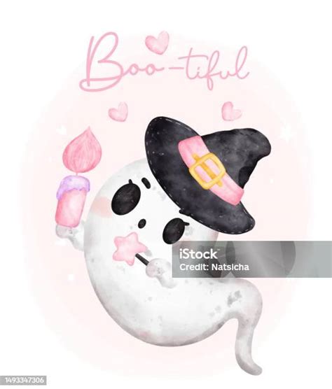 귀여운 행복한 미소 카와이 유령 환각 마녀 부 Tiful 만화 캐릭터 Bootiful 수채화 손으로 그린 벡터 0명에 대한 스톡