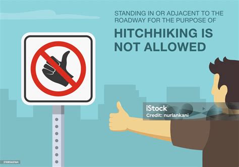 안전 운전 요령 및 교통 법규 히치하이킹 금지 표지판 의미 도로에서 엄지손가락을 치켜세우는 제스처를 보여주는 남성 캐릭터의