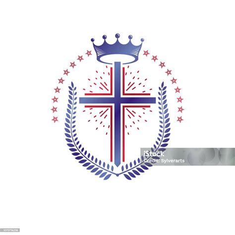 종교적 그래픽 상징 십자가 제국 크라운 및 꽃 장식 기독교 십자가 사용 하 여 만들어집니다 아름 다운 리본 장식 빈티지 벡터 기호 팔의 문장 학 외 투 0명에 대한 스톡