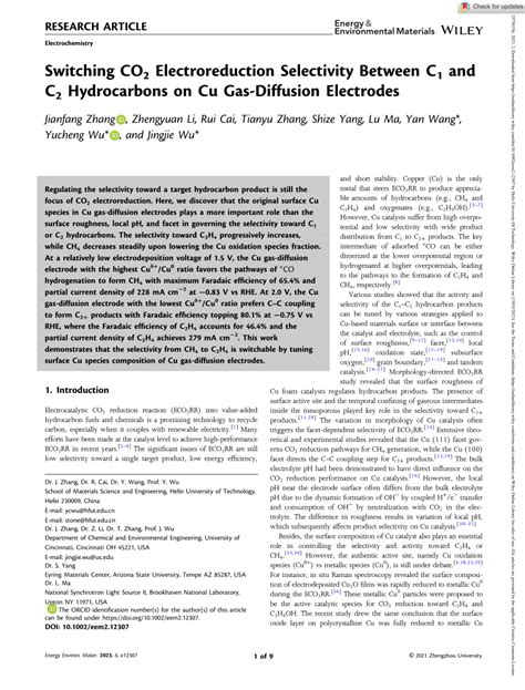 Pdf Switching Co 2 Electroreduction Selectivity Between C 1 And C 2 Hydrocarbons On Cu Gas