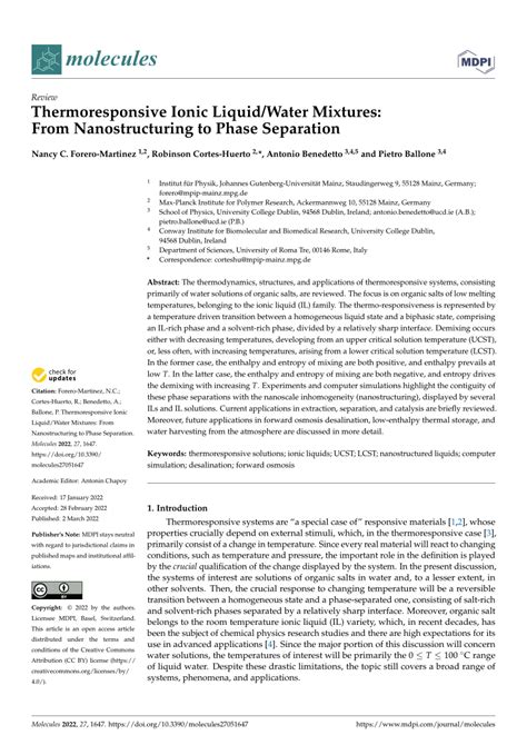 Pdf Thermoresponsive Ionic Liquidwater Mixtures From Nanostructuring To Phase Separation