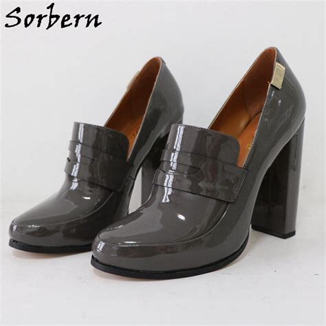 Sorbern 그레이 샤이니 여성 펌프 슈즈 유니섹스 블록 하이힐 라운드 토 슬립 온 청키 힐 페티쉬 맞춤형 색상
