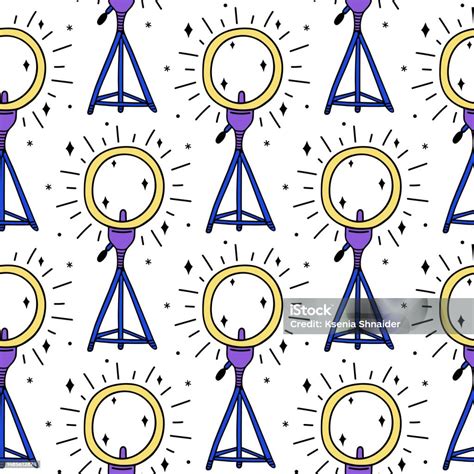 스튜디오 링 램프 원활한 벡터 패턴입니다 라운드는 삼각대에 이끌렸다 셀카 스트리밍 블로깅 미용 가제트 밝게 빛나는 장치입니다 포스터 인쇄물 배경 화면 웹에 대한 평면 만화