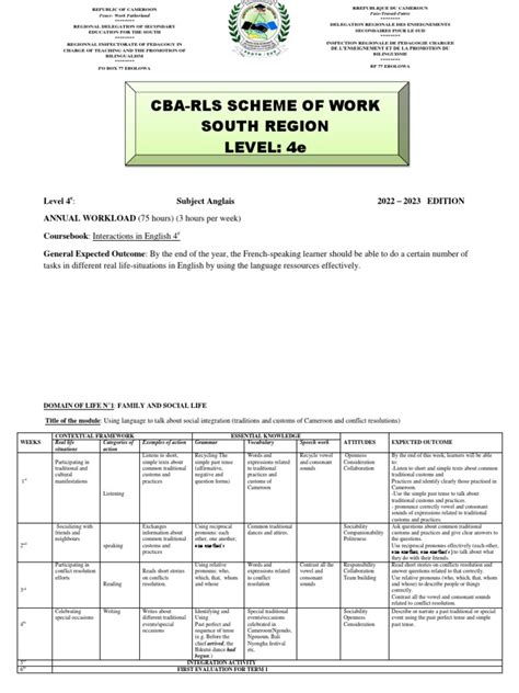 Cba Rls Scheme Of Work South Region Level 4e Subject Anglais Pdf Grammatical Tense Cba Rls Scheme Of Work South Region Level 4e Subject Anglais Pdf Grammatical Tense