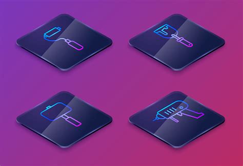 아이소메트릭 라인 페인트 롤러 브러시 슬레지해머 퍼티 나이프 및 전기 드릴 머신을 설정합니다 파란색 사각형 버튼입니다 벡터 3차원 형태에 대한 스톡 벡터 아트 및 기타