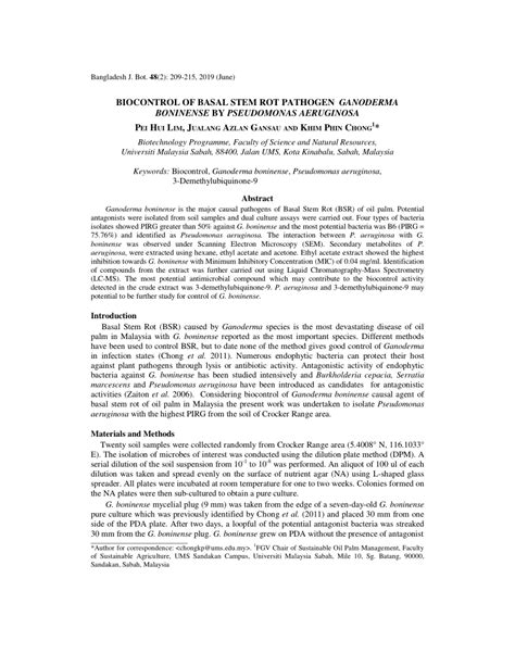 Pdf Biocontrol Of Basal Stem Rot Pathogen Ganoderma Boninense By Pseudomonas Aeruginosa