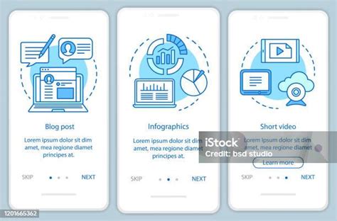 인식 콘텐츠 파란색 온보딩 모바일 앱 페이지 화면 벡터 템플릿입니다 블로그 게시물 비디오 인포그래픽 스루 웹 사이트 단계 선형