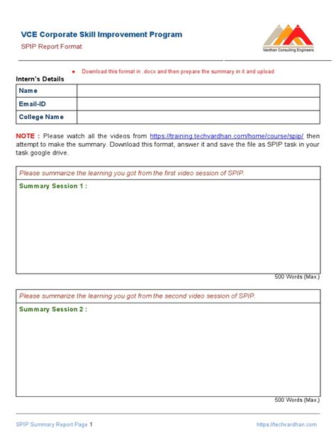 Vce Corporate Skill Improvement Program Spip Report Format Pdf