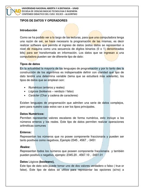 Tipos De Datos Y Operadores Pdf Tipo De Datos Algoritmos