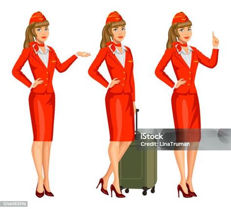 빨간 유니폼을 입은 스튜어디스 비행 승무원 에어 호스피통 직업 스튜어디스 만화 캐릭터 벡터 그림입니다 공항에 대한 스톡 벡터 아트 및 기타 이미지 Istock