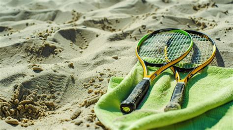 녹색 수건 가로 이미지가 있는 모래 속의 해변 테니스 라켓 해변 공 테니스 배경 일러스트 및 사진 무료 다운로드 Pngtree