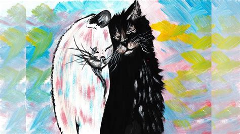 Как нарисовать влюбленных котов Рисуем котов гуашью Правополушарное рисование Кот и кошка