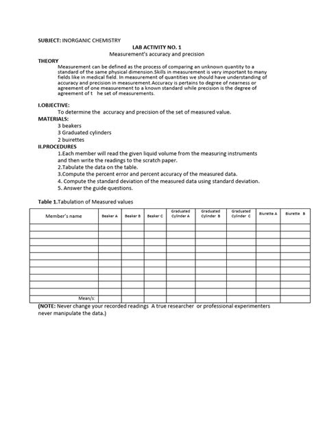Chem 1 Lab Activity 1 Measurements Accuracy And Precision1b Download