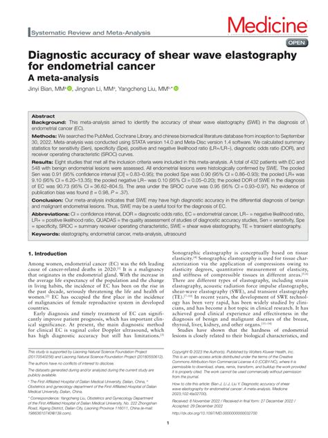 Pdf Diagnostic Accuracy Of Shear Wave Elastography For Endometrial Cancer A Meta Analysis