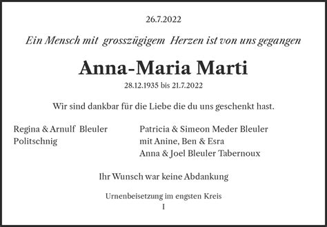 Todesanzeige Anna Maria Marti Basel