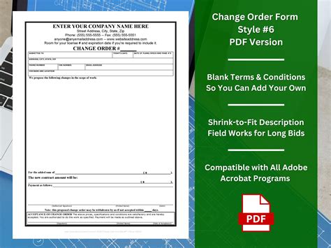 Change Order Form Templates W Fillable Terms And Conditions Style 6 WORD PDF Customizable