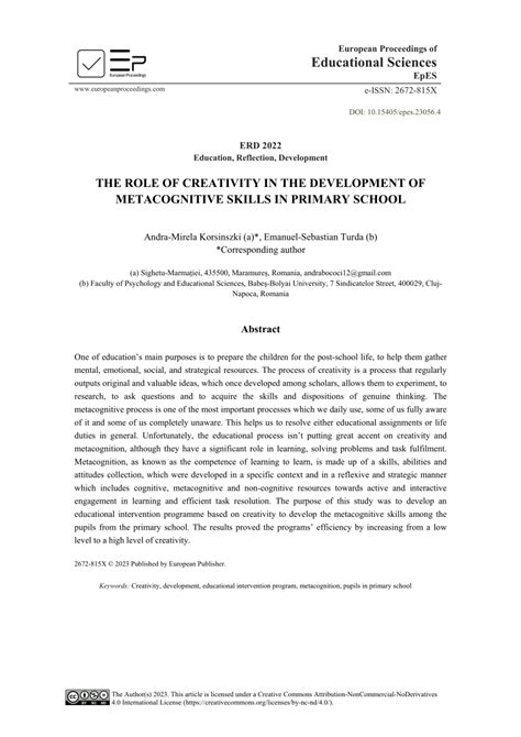 Pdf The Role Of Creativity In The Development Of Metacognitive Skills In Primary School